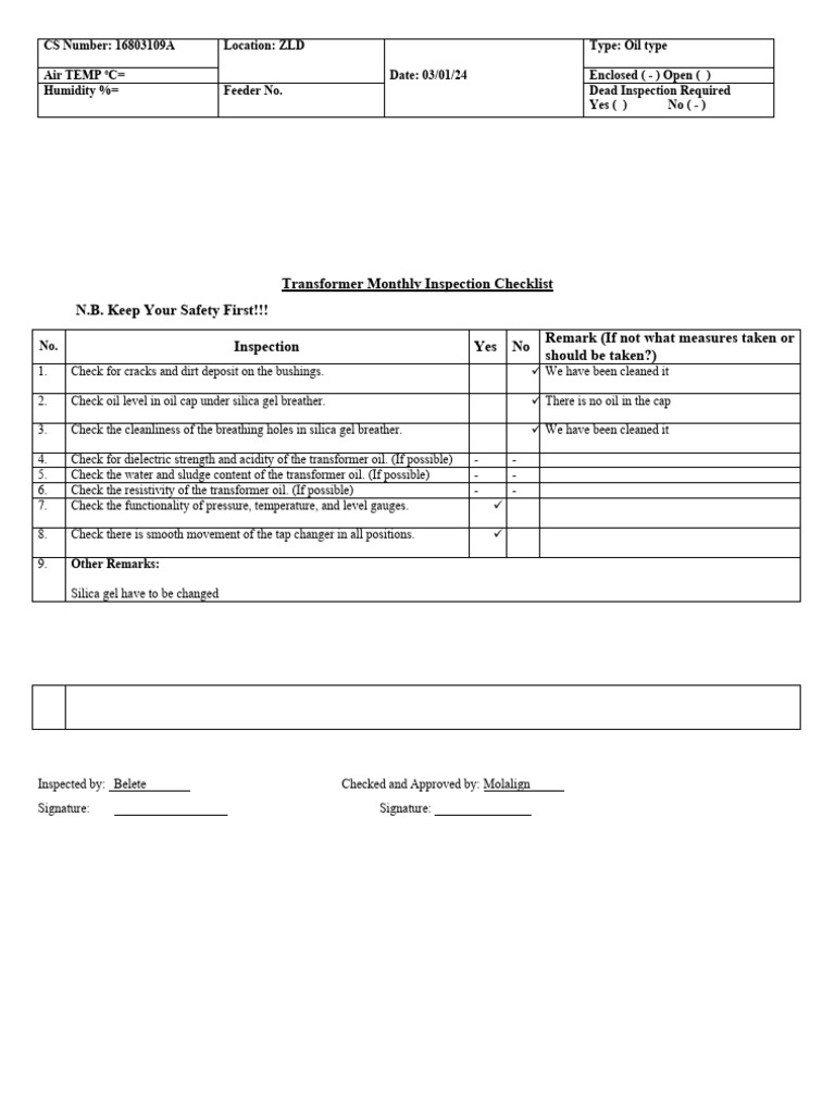 DEC Transformer Monthly Inspection Checklist | PDF | Transformer | Humidity