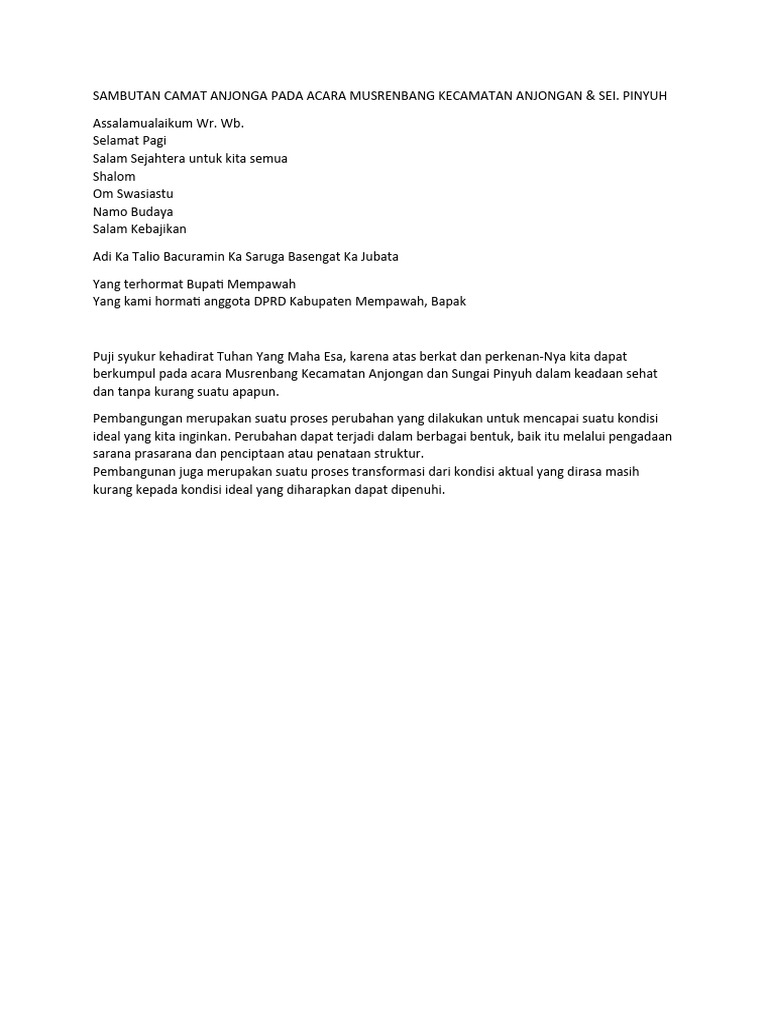 Contoh Sambutan Camat Musrenbang | PDF