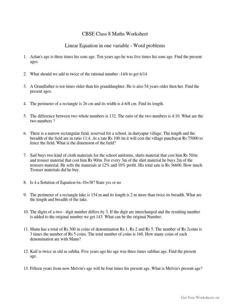 Word Problems CBSE Class 8 Worksheet | Download Free PDF | Length ...