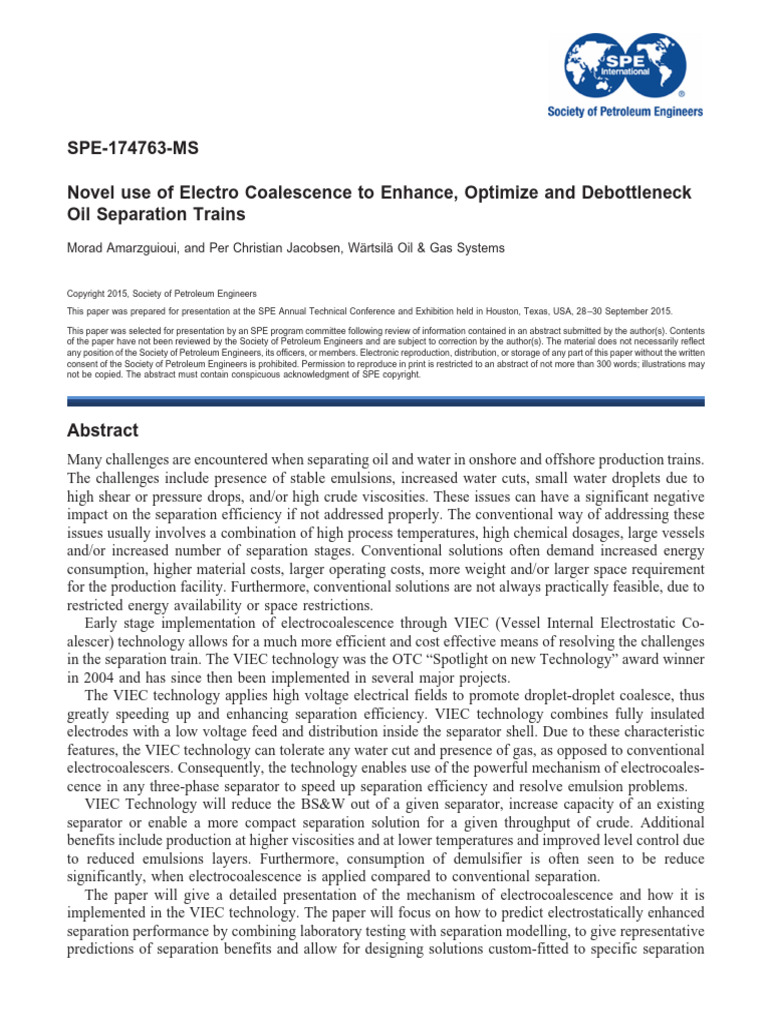 Novel Use of Electro Coalescence To Enhance, Optimize and Debottleneck ...