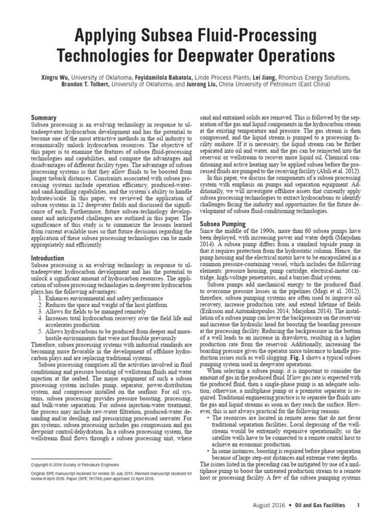Applying Subsea FluidP Rocessing Technologies For Deepwater Operations ...