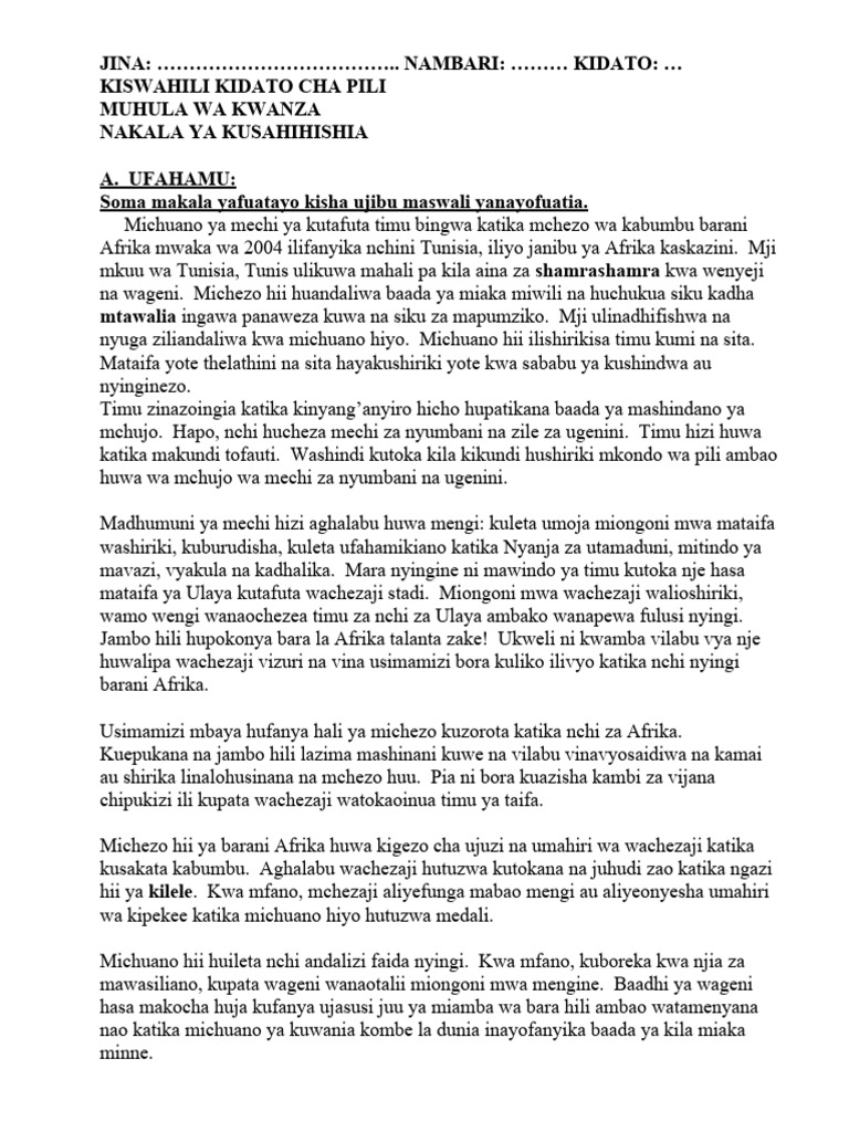 Set2 Kisw 1 Ms MidTerm 1 2021 Teacher - Co - .Ke F2 Exam | PDF