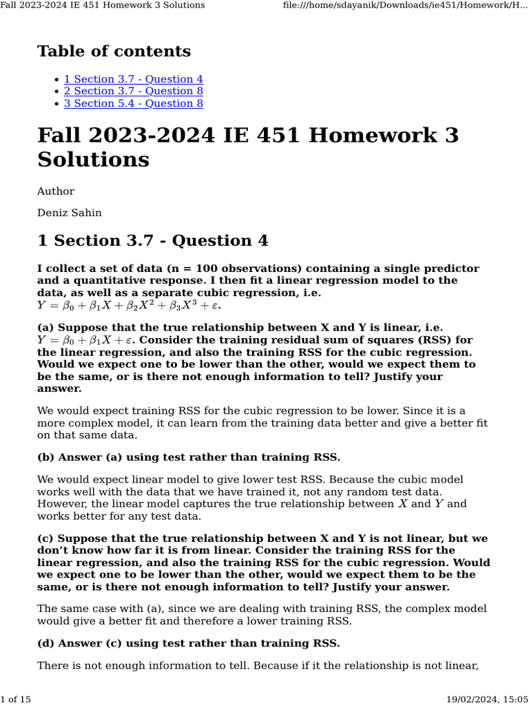 Fall 2023-2024 IE 451 Homework 3 Solutions | PDF | Errors And Residuals | Regression Analysis