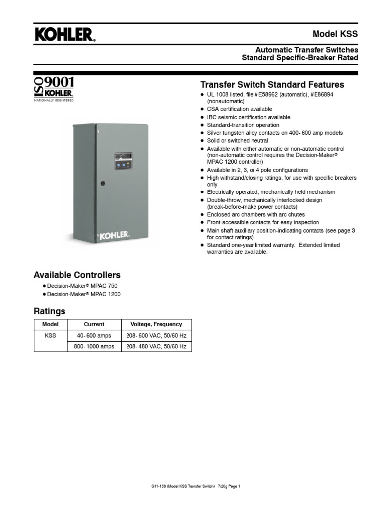 PDF-202312 US Kohler G11136g20g en-US | PDF | Fuse (Electrical) | Switch