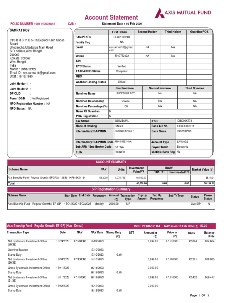 Axis Mutual Fund Statement - Feb 2024 | PDF | Economies | Investing