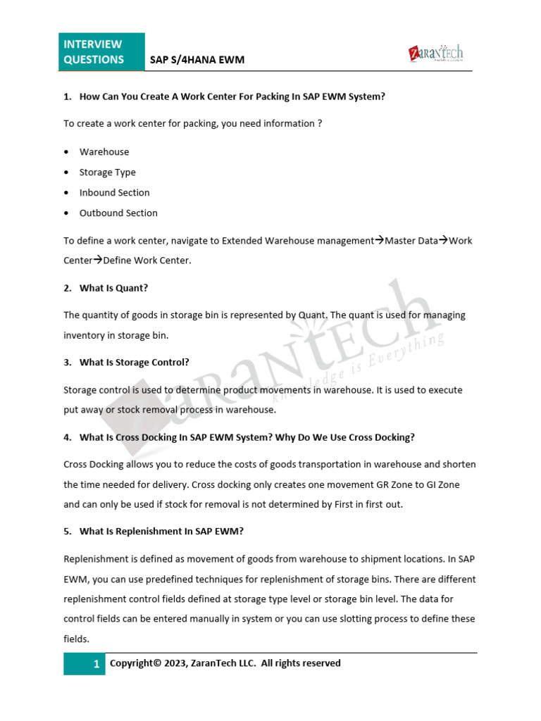 Interview Questions & Answers - SET 1 - SAP S4HANA EWM | PDF | Warehouse | Inventory