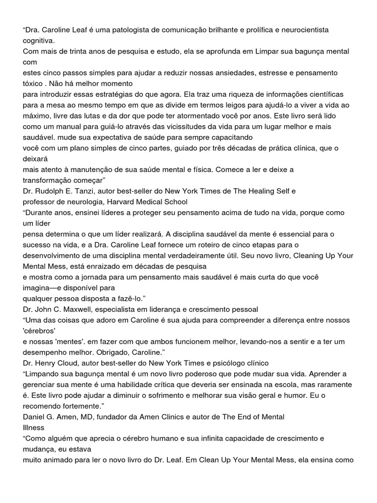 Organize Sua Desordem Mental - Caroline Leaf | PDF | Pensamento | Depressão
