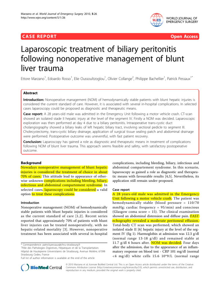 Marzano 2010 - Laparoscopic Treatment of Biliary Peritonitis Following ...