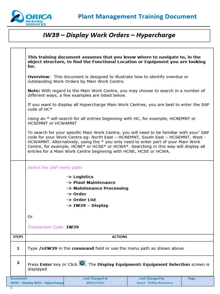 IW39 - Display Work Orders - Hypercharge | PDF | Computer Science ...