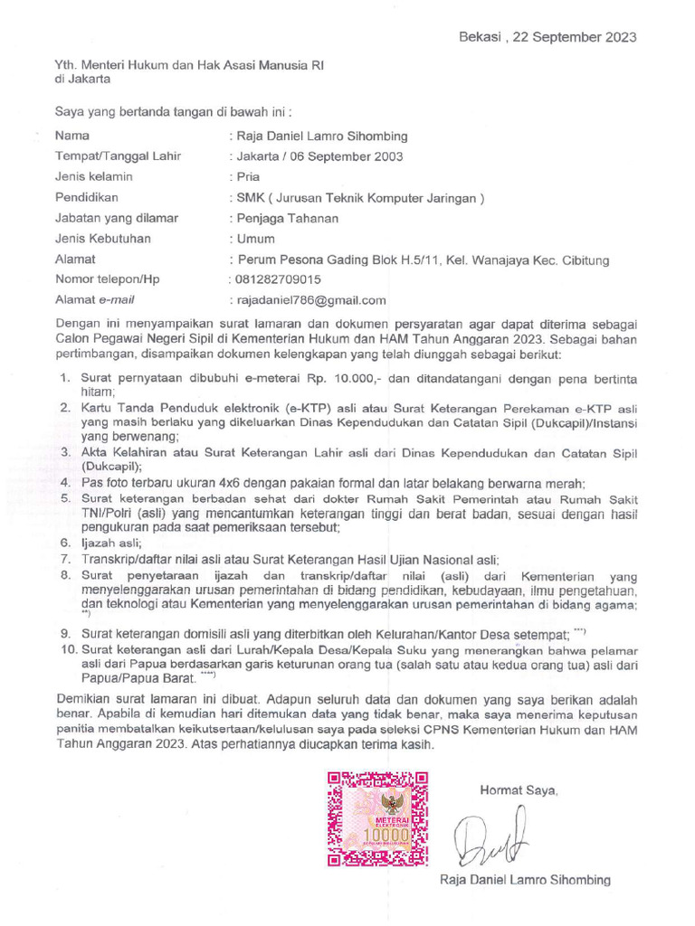 Surat Lamaran Raja Daniel - Compressed | PDF