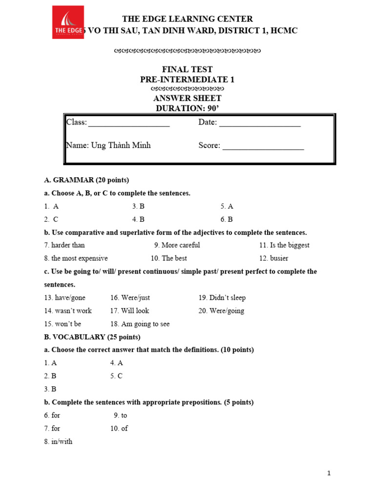 ANSWER SHEET - FINAL pre-inter 1 | PDF | Syntax | Grammar