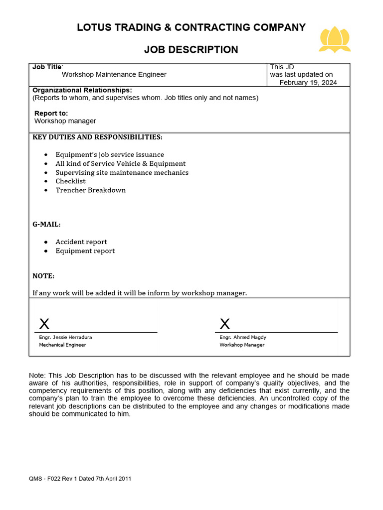 QMS - F022 Job Description 03 - Jessie Herradura (Workshop Maintenance ...