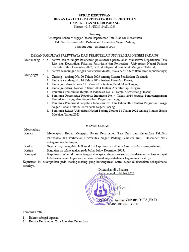 Beban Mengajar Dosen FPP UNP 2023 | PDF
