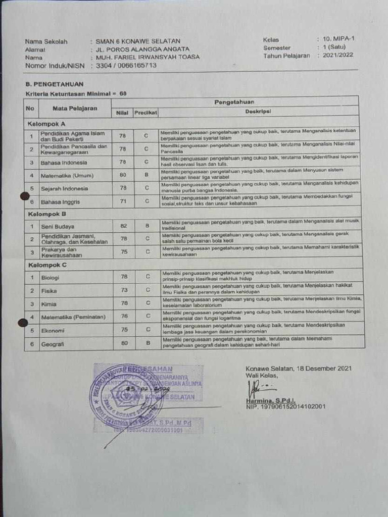 Nilai Raport Fariel-Compressed | PDF