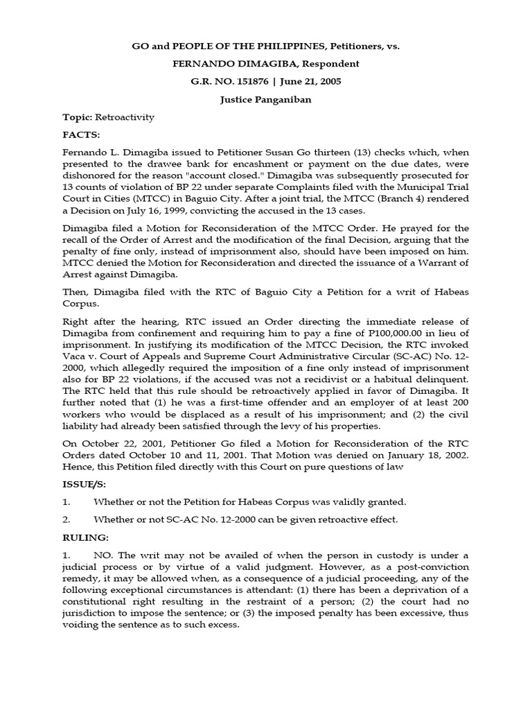 Case Digest - Go VS Dimagiba | PDF | Habeas Corpus | Ex Post Facto Law