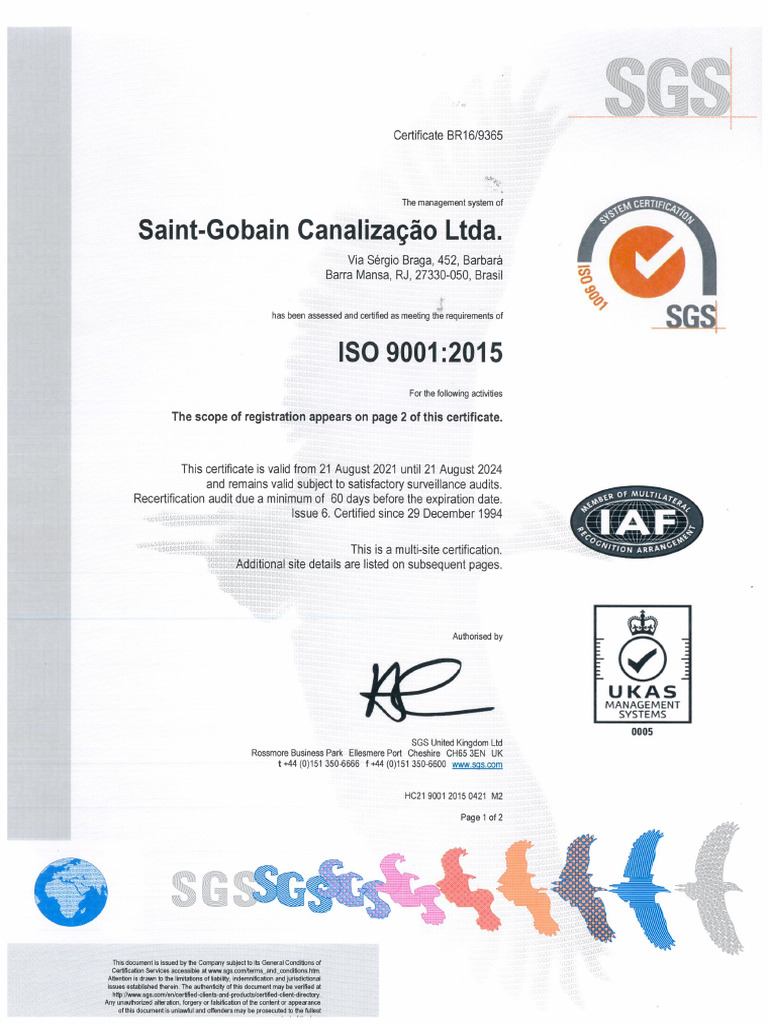 Iso 9001-2015 SG Canalizacao - SGS | PDF