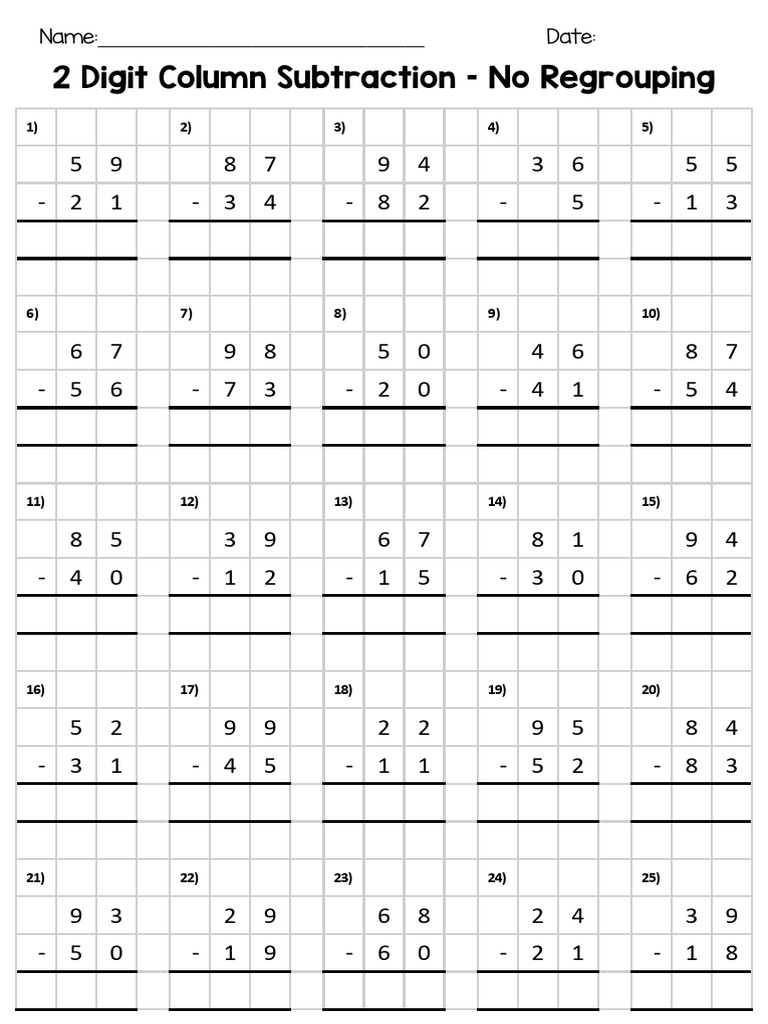 2 Digit Column Subtraction - No Regrouping: Name: - Date | PDF ...