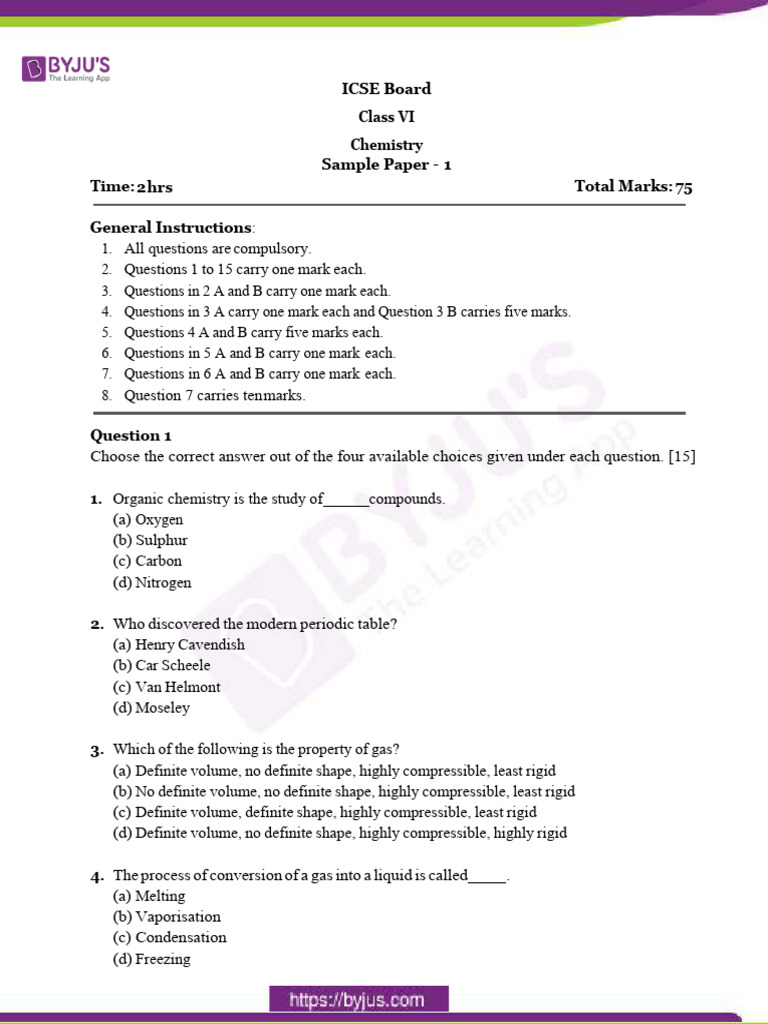 Class 6 ICSE Chemistry Sample Paper | PDF | Water | Filtration