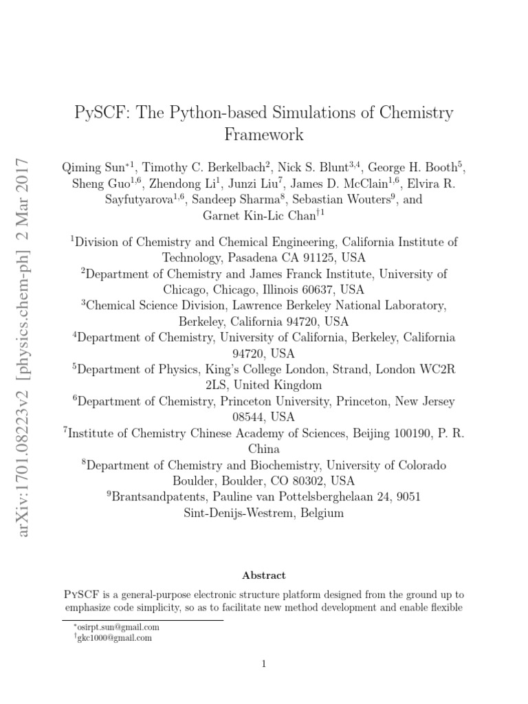 Pyscf: The Python-Based Simulations of Chemistry Framework | PDF ...
