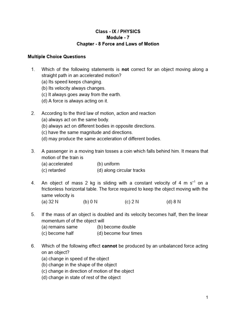 9 - PHY - Module-7 - Force and Laws of Motion | PDF | Force | Acceleration