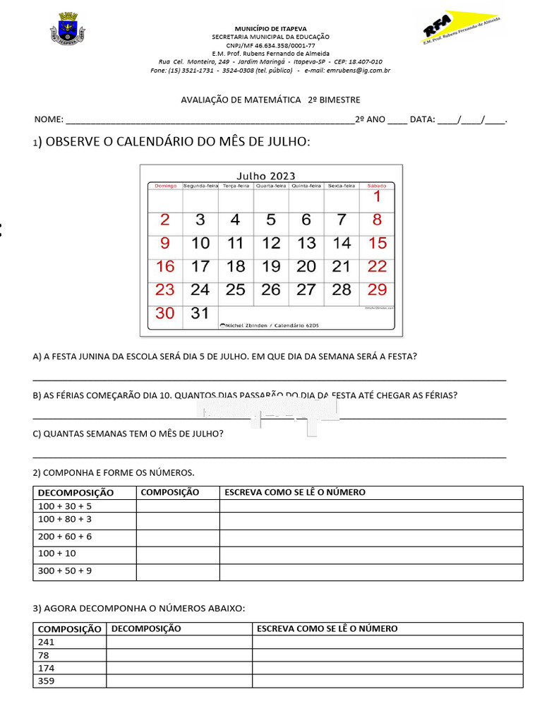 Avaliação De Matematica 2º Bimestre Pdf