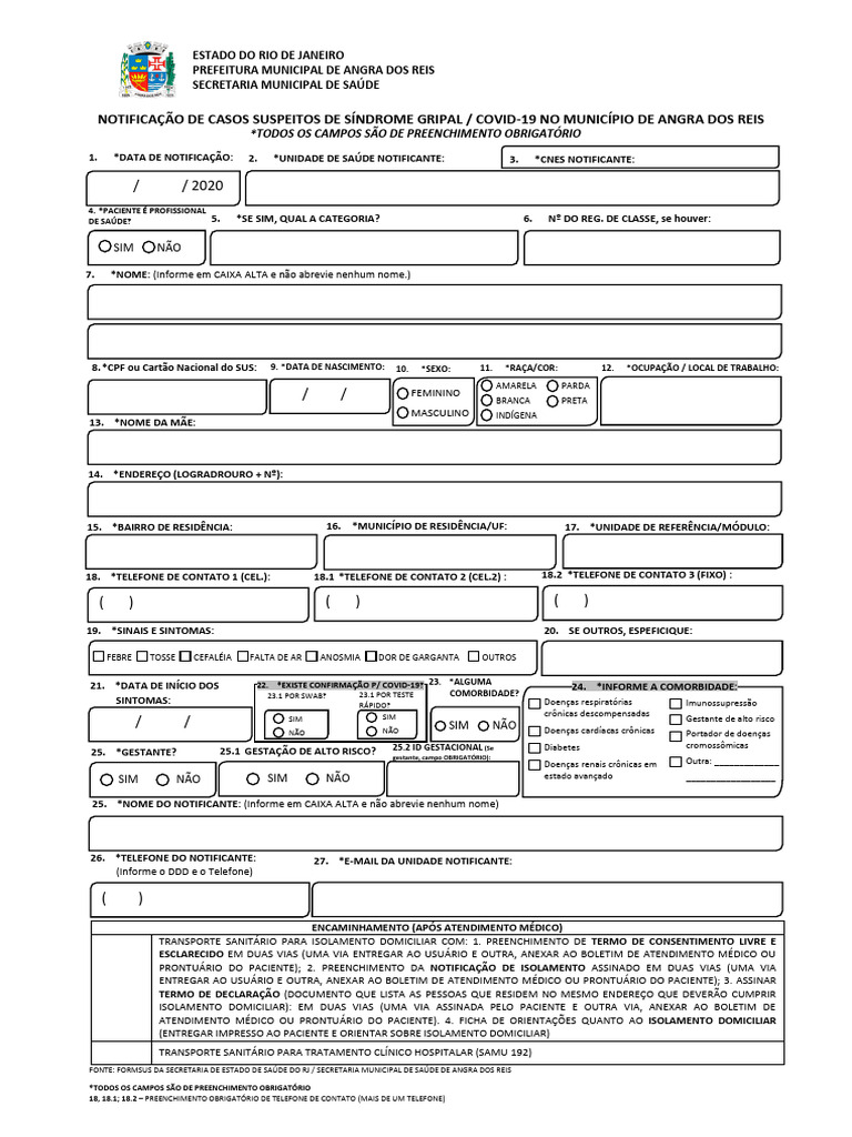 Ficha Notificação de Casos Suspeitos de Síndrome Gripal Covid ... Ficha Notificação de Casos Suspeitos de Síndrome Gripal Covid ...