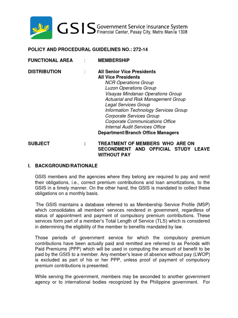 GSIS - Treatment On Members Who Are On Secondment | PDF | Insurance ...