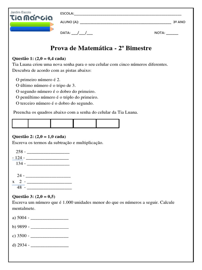 Prova 2b - 3º Ano Matemática | PDF | Matemática