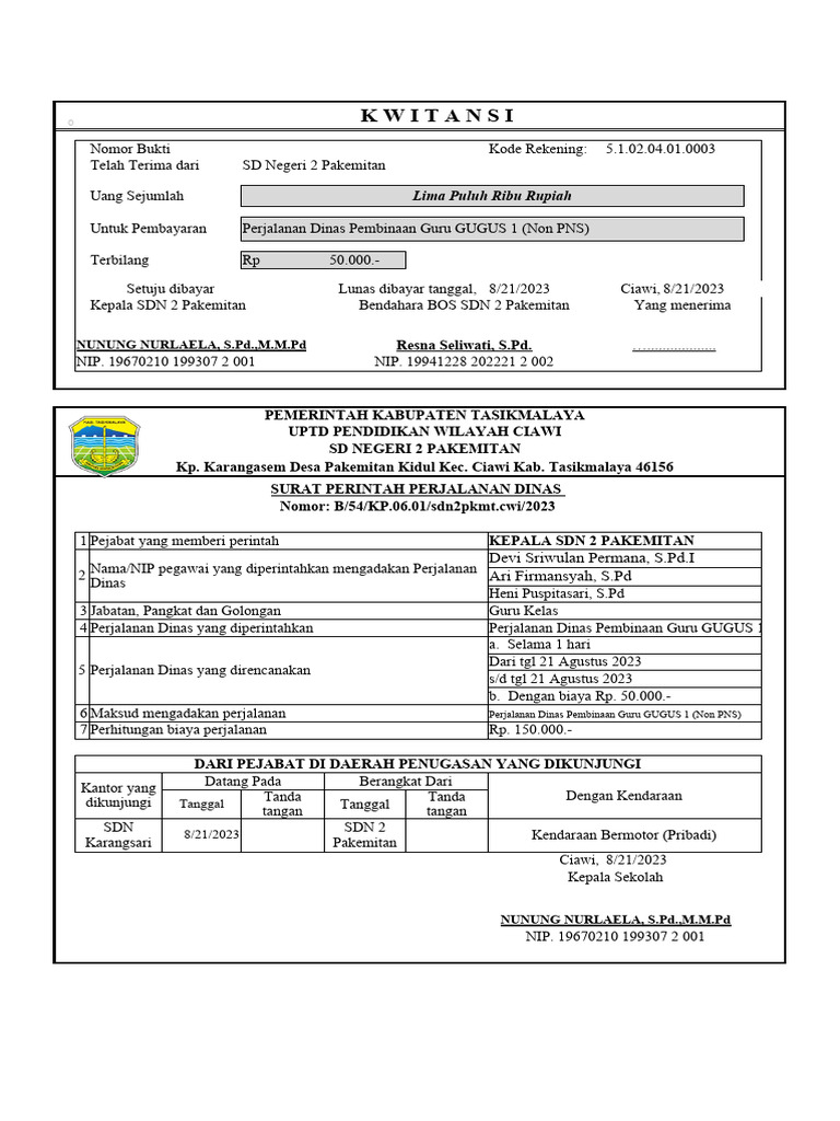 Contoh Kwitansi Perjalanan Dinas | PDF