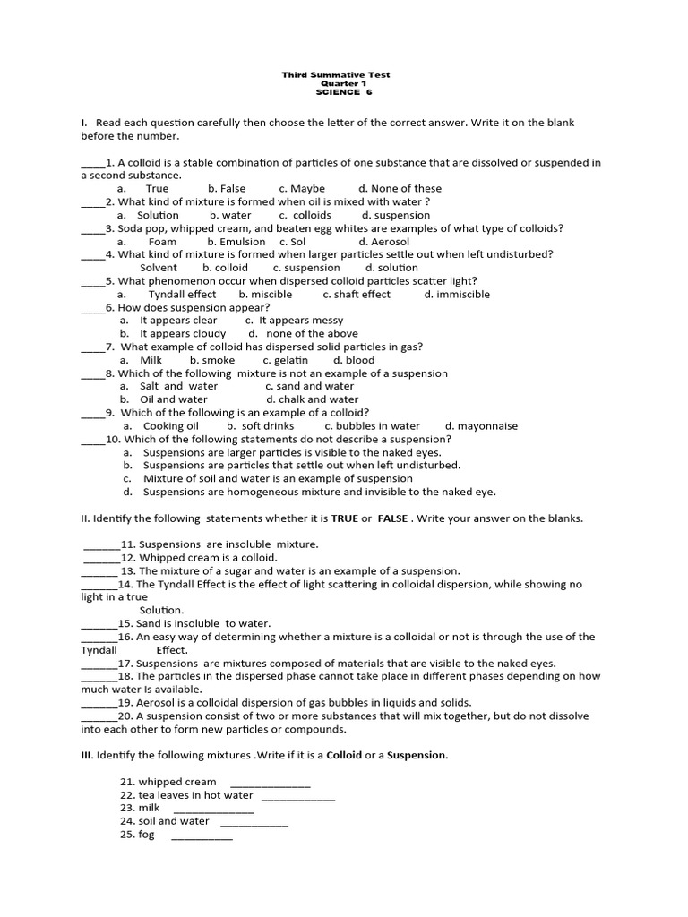 Third Summative Q1 Science | PDF | Mixture | Suspension (Chemistry)