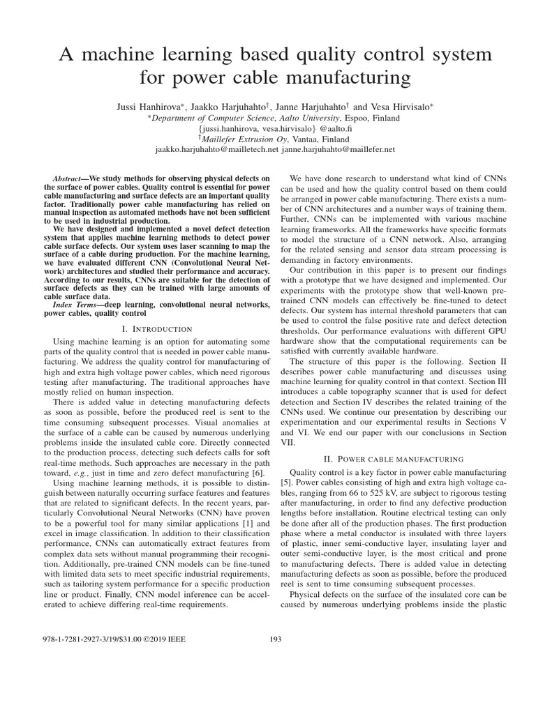 A Machine Learning Based Quality Control System For Power Cable Manufacturing | PDF | Machine ...