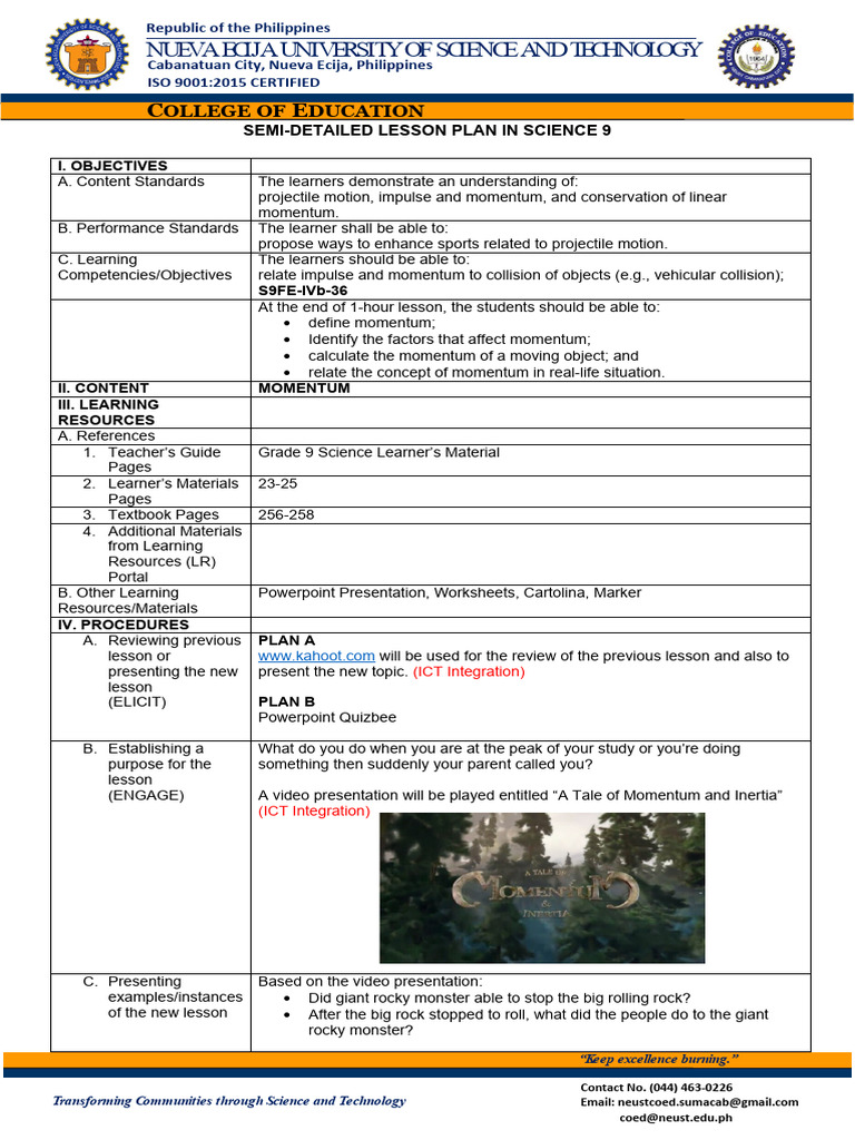 Semi Detailed Lesson Plan in Science 9 | PDF | Momentum | Lesson Plan