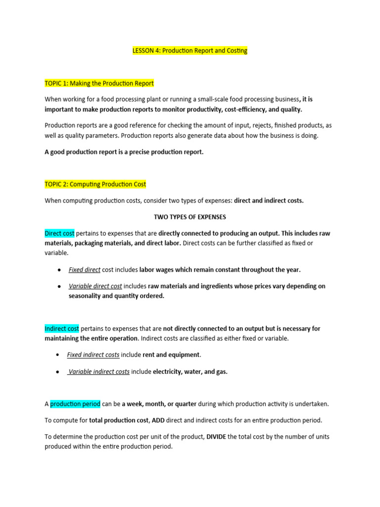 Food Production Report and Costing Guide | PDF | Finance & Money Management