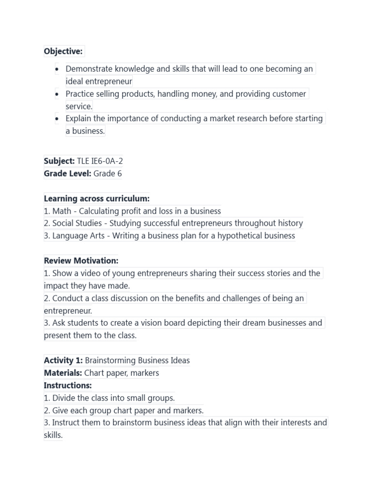 Tle LP | PDF | Entrepreneurship | Rubric (Academic)