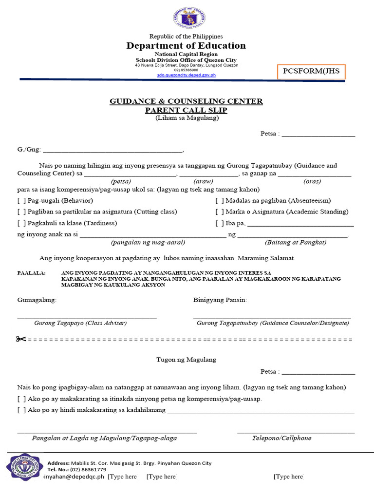 V1 - Parent Call Slip Form | PDF