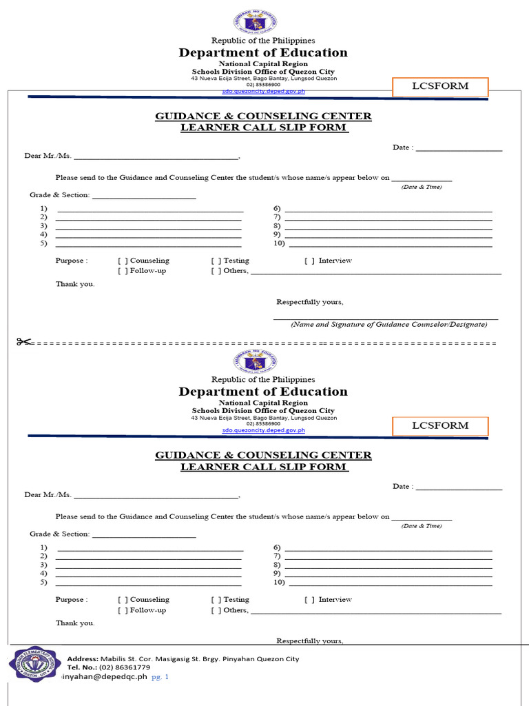 V1learner Call Slip | PDF | Counseling