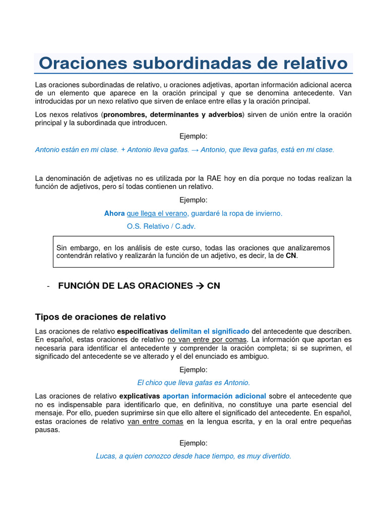 Subordinadas de Relativo | PDF | Oración (Lingüística) | Comunicación ...