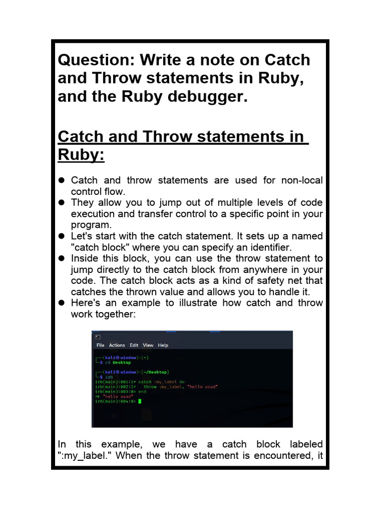 Write A Note On Catch and Throw Statements in Ruby, and The Ruby Debugger | PDF