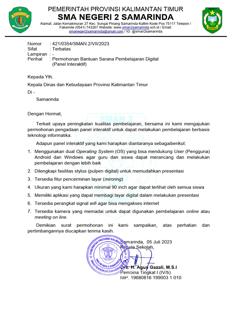 Surat Permohonan Bantuan Sarana Panel Interaktif 2023 - Edit | PDF