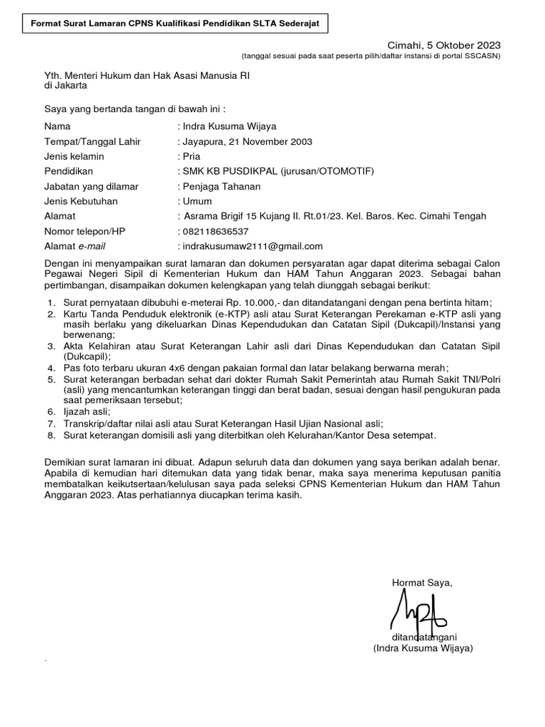 Surat Lamaran CPNS 2023 SLTA Salinan | PDF Surat Lamaran CPNS 2023 SLTA Salinan | PDF