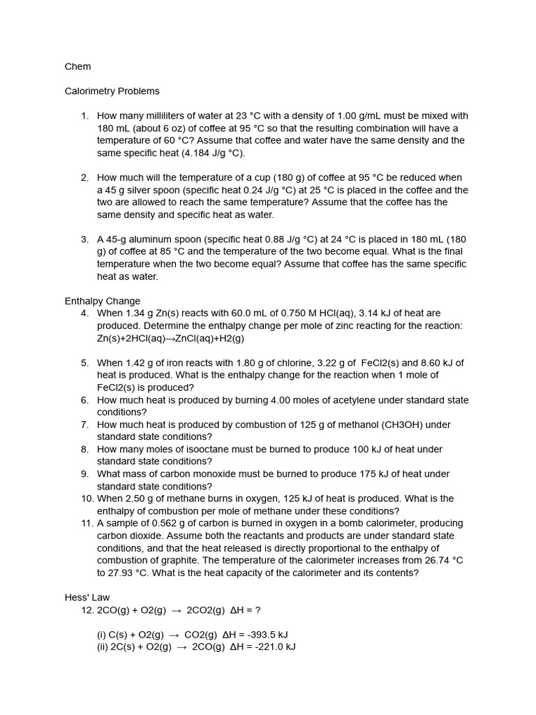 Enthalpy and Calorimetry Problems | PDF | Heat | Combustion
