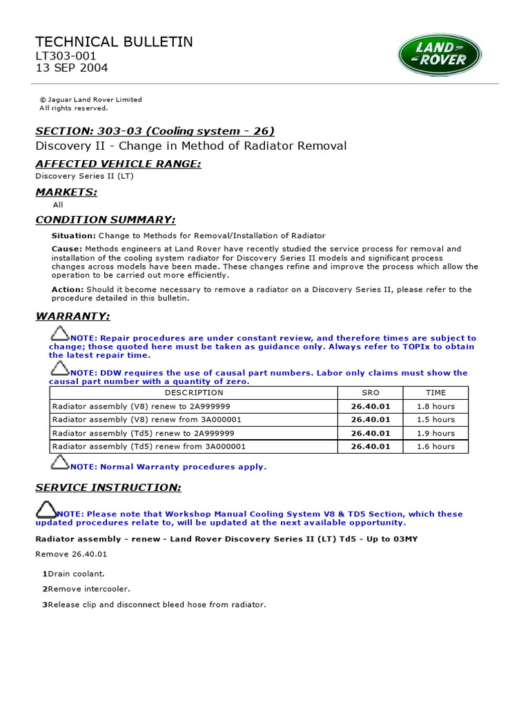 LT303-001 - Discovery II - Change in Method of Radiator Removal - TOPIx | PDF | Radiator ...