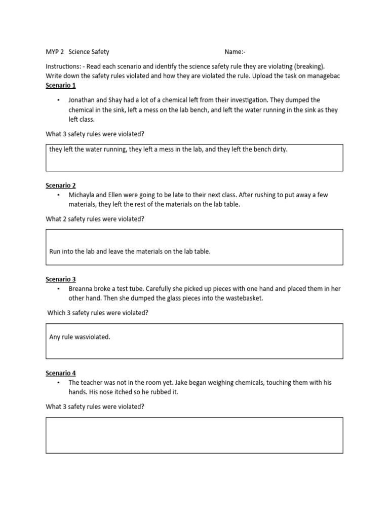 MYP 2 Safety Worksheet | PDF