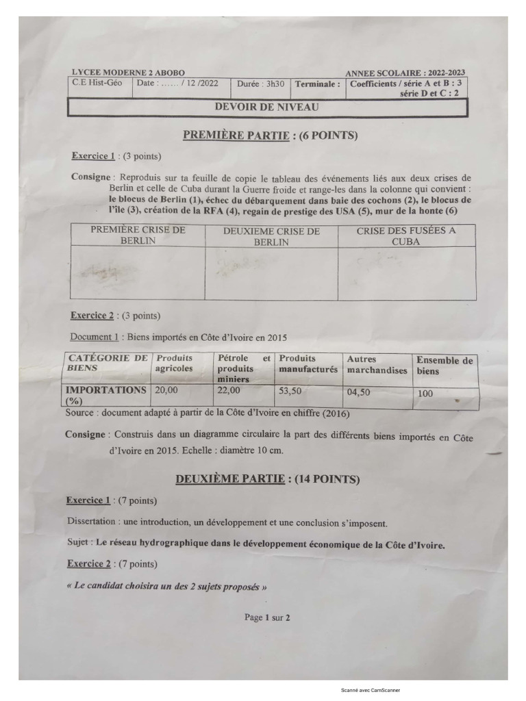 Devoir de Niveau HG Tle Lym2A | PDF