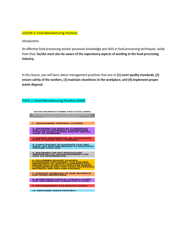 UNIT 2-LESSON 3 - Food Manufacturing Practices | PDF | Personal ...