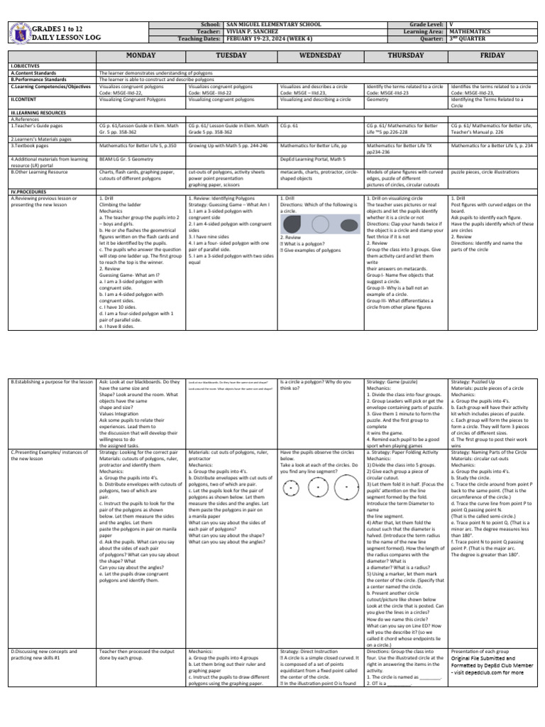 DLL - Mathematics 5 - Q3 - W4 | PDF | Circle | Shape