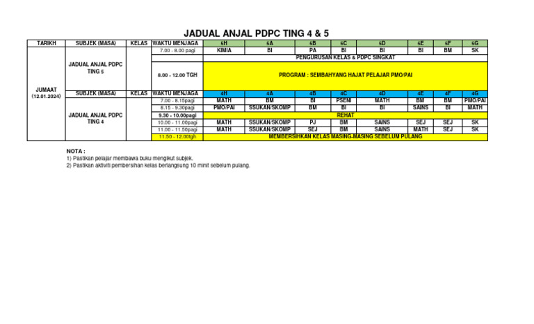 Jadual Anjal PDPC Kelas 12 Jan 2024 | PDF