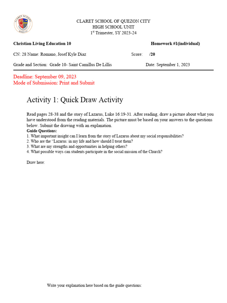 1T - Homework 1 - CLE10 - SCL Kyle Romano | PDF | Prayer | Glory (Religion)