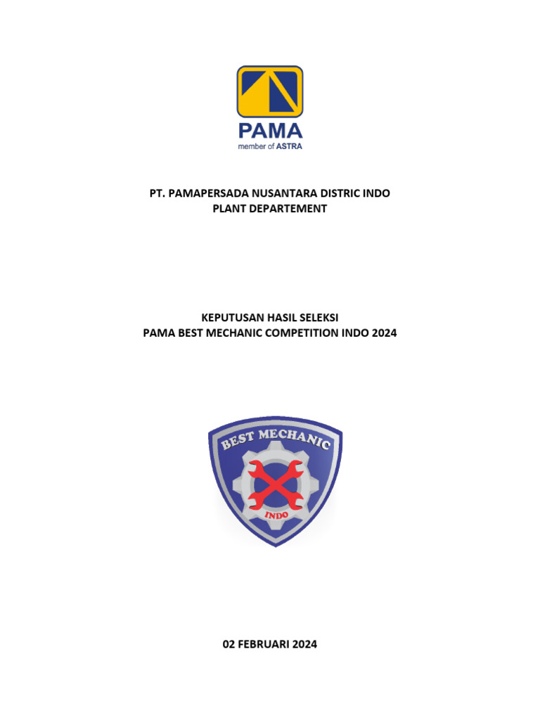 Surat Keputusan Seleksi Kandidat Pama Best Mechanic Competition Indo 2024 | PDF