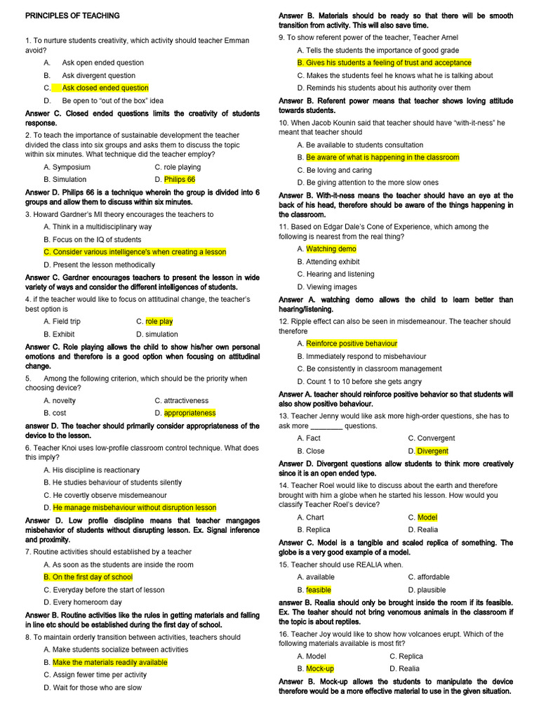 Principles (To Nurture) With Answer | PDF | Teachers | Inclusion ...